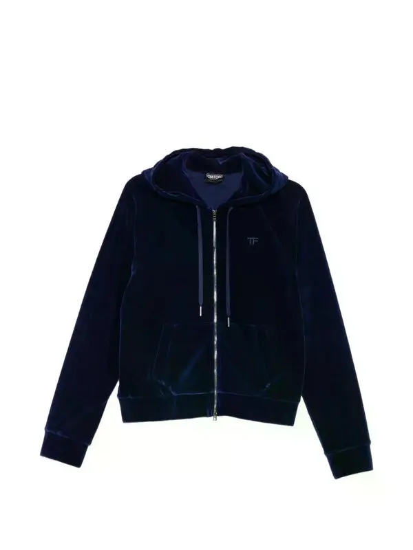 TOM FORD Velour Tonal Tf Embroidered Zip Hoodie - Blue