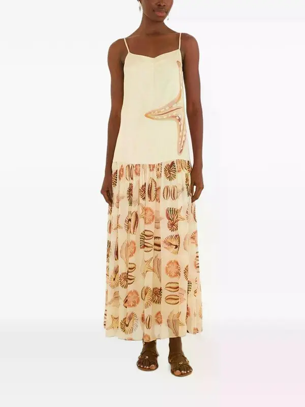 Farm Rio Sand Marine Shells Pleated Sleeveless Maxi Dress - Neutrals