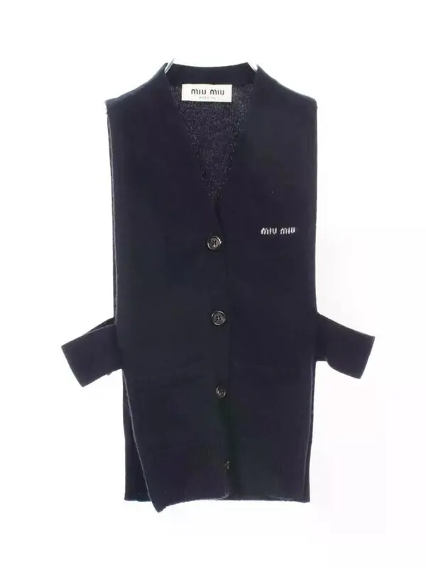 Miu Miu Navy Cashmere Embroidered Logo V-neck Waistcoat - Blue