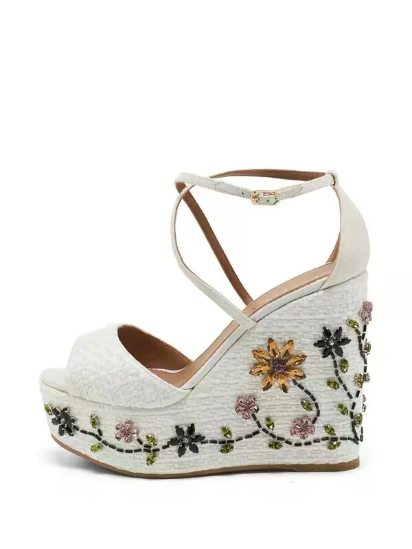 LE SILLA Crystal Embellished Raffia Wedge Sandals - White