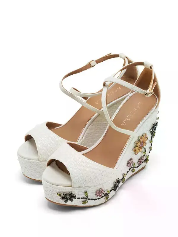 LE SILLA Crystal Embellished Raffia Wedge Sandals