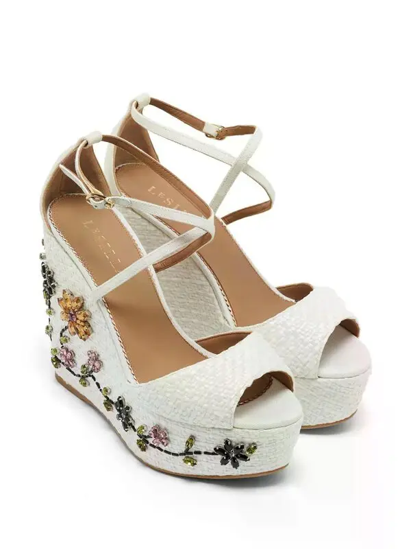 LE SILLA Crystal Embellished Raffia Wedge Sandals
