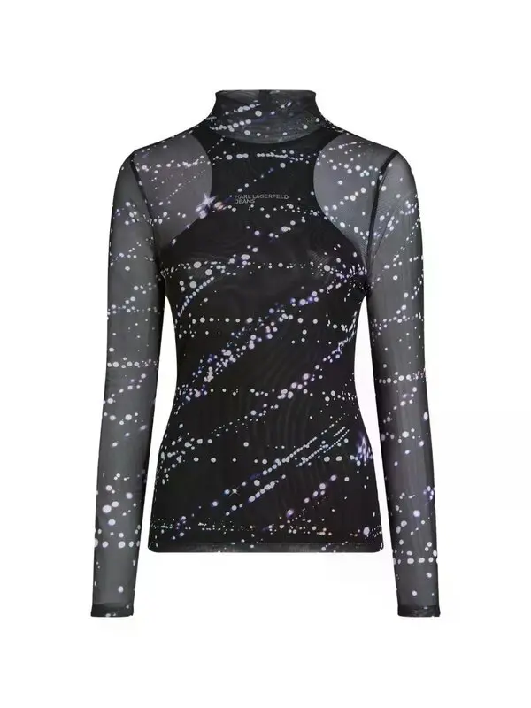 Karl Lagerfeld Mesh All-over-print High Neck Long Sleeve Top - Black