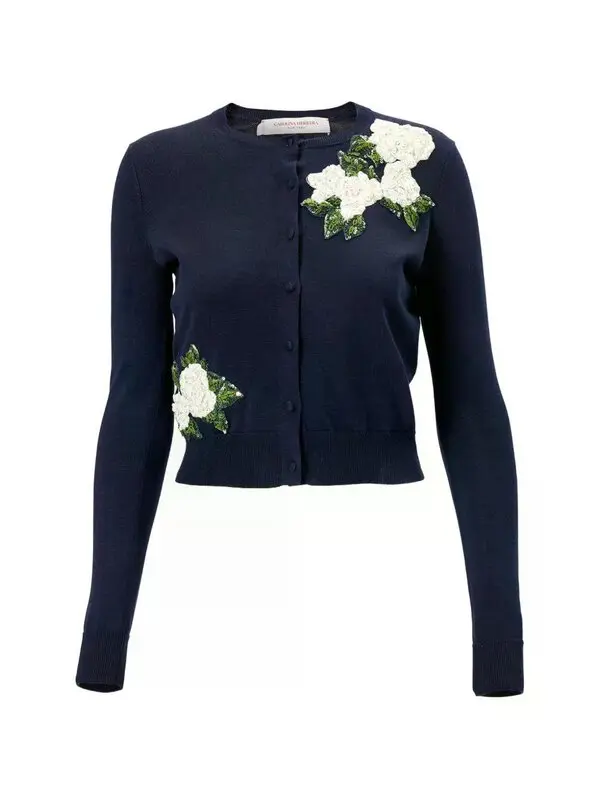 Carolina Herrera Floral-embroidered Sequin-embellished Cardigan - Blue