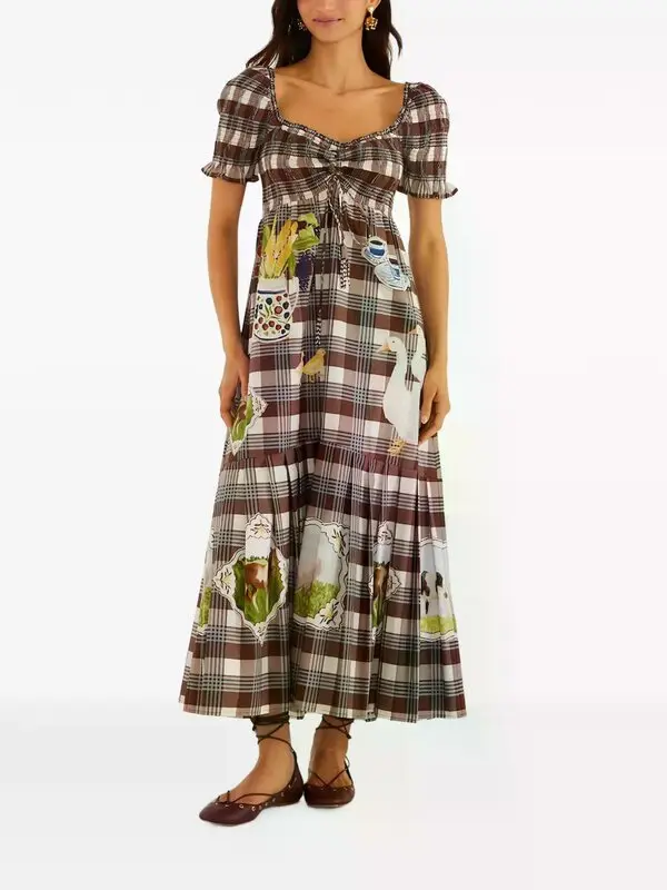 Farm Rio Country Table Tartan Smocked Maxi Dress - Brown