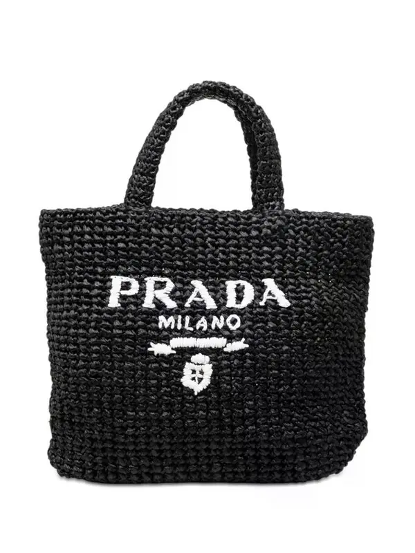 Prada 2013-2026 Small Raffia Effect Crochet Embroidered Logo Tote Bag