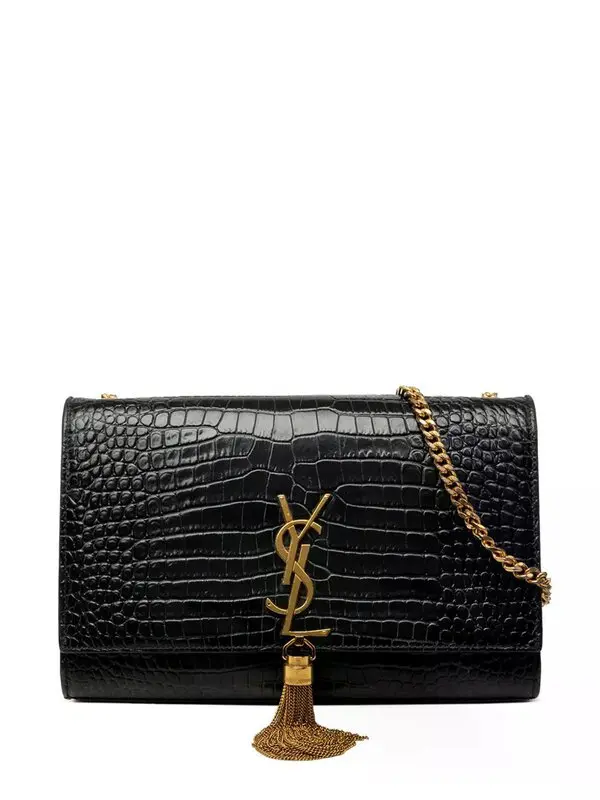 Saint Laurent 2021 Medium Croc Embossed Patent Monogram Kate Tassel Crossbody Bag - Black