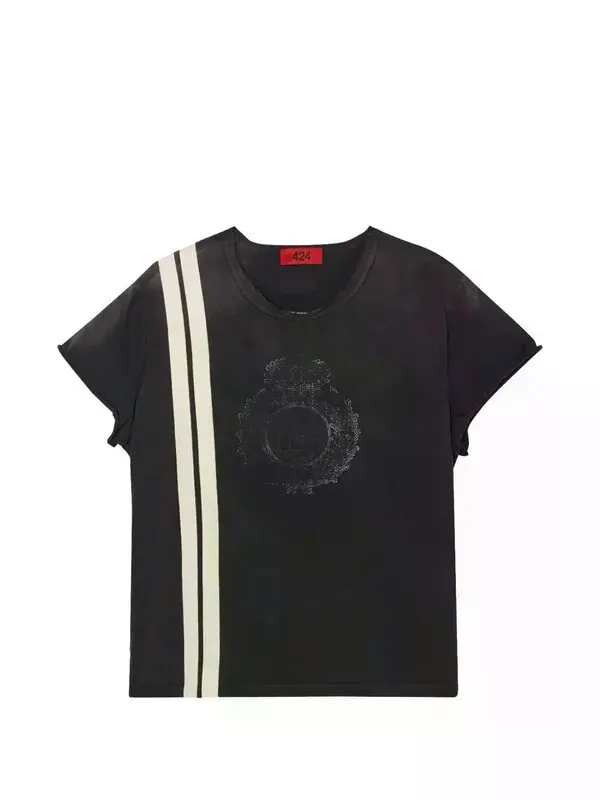 424 Stripe-detail Crest-print T-shirt - Black