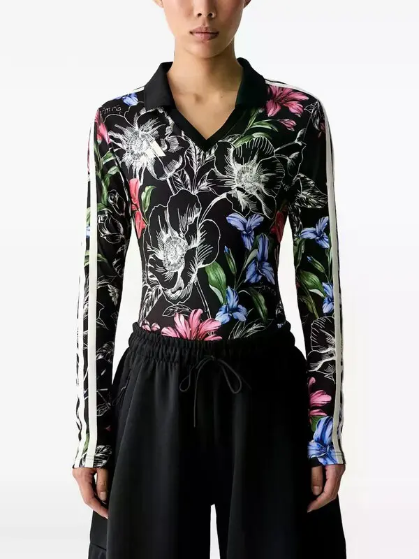 Adidas Floral-print Side-stripe Bodysuit - Black