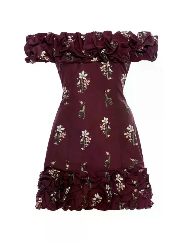 Agua Bendita Garden Night Ruffled Floral-print Mini Dress - Red