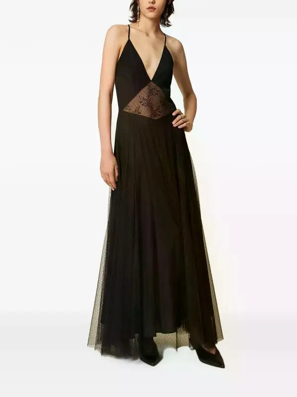 TWINSET Long Plumetis Tulle Dress With Lace