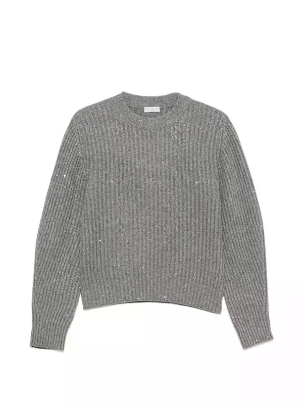 Brunello Cucinelli Sequin Embellished Ribbed Knit Crewneck Sweater - Grey