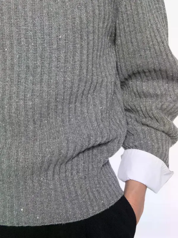 Brunello Cucinelli Sequin Embellished Ribbed Knit Crewneck Sweater