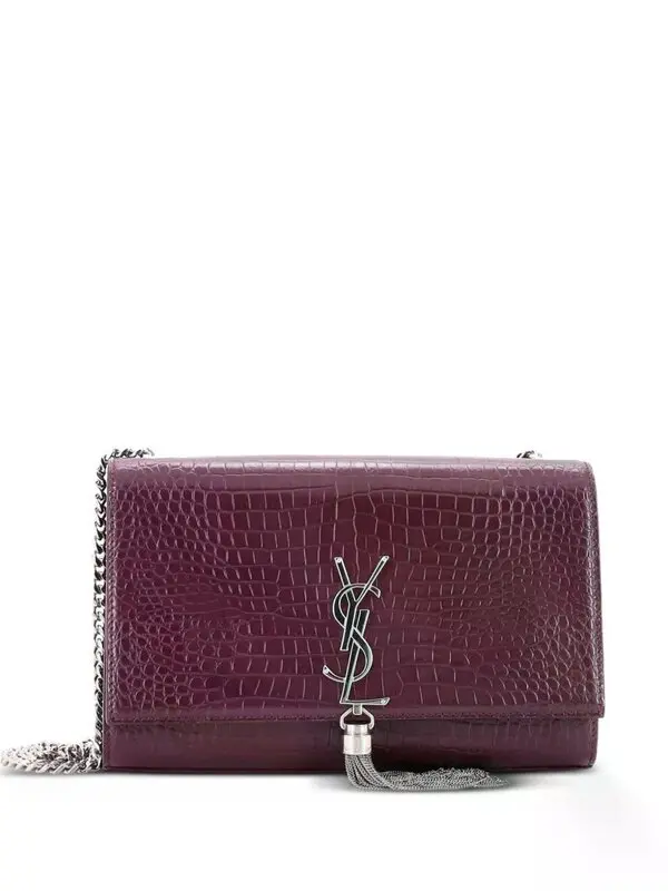 Saint Laurent Monogram Tassel Crocodile Embossed Leather Medium Crossbody Bag - Purple