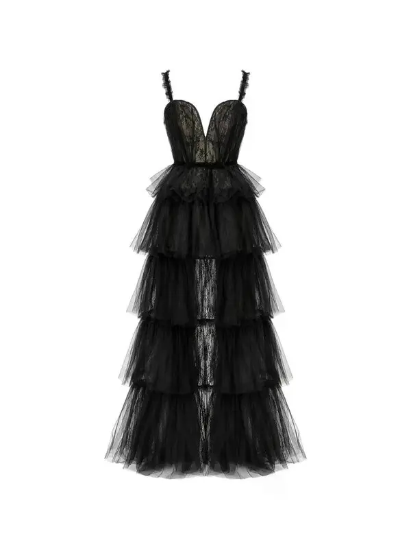 AKNVAS Tiered Lace-overlay Gown