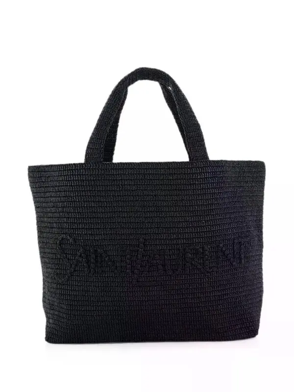 Saint Laurent Logo Supple Embroidered Raffia Tote Bag - Black