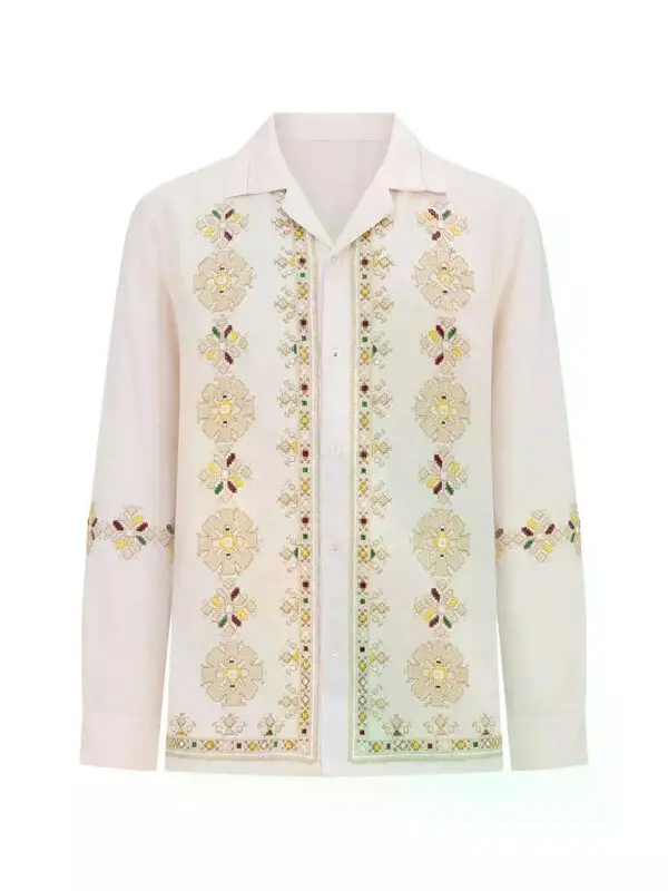 BAZISZT Flower-embroidered Long-sleeve Shirt - Neutrals