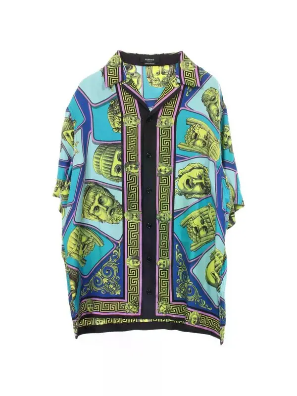 Versace Le Maschere Short-sleeve Silk Shirt - Blue