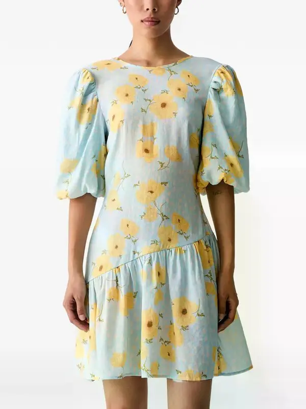 NEVER FULLY DRESSED Floral-print Puff-sleeve Mini Dress - Blue