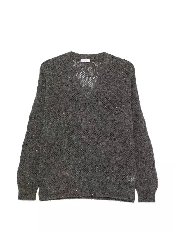 Brunello Cucinelli Sequin Embellished Open-knit V-neck Sweater - Grey