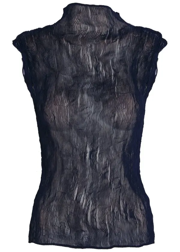 Issey Miyake Twist Pleated Semi-sheer Chiffon Top - Navy