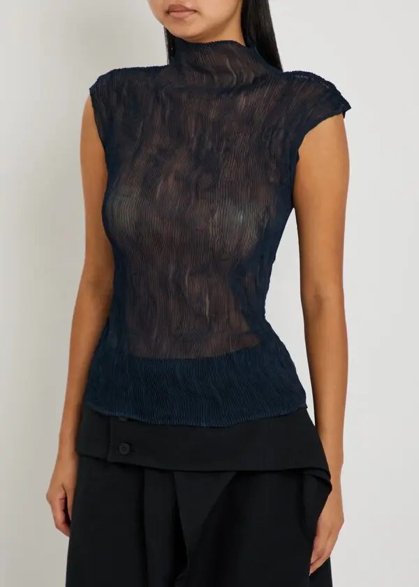 Issey Miyake Twist Pleated Semi-sheer Chiffon Top - Navy
