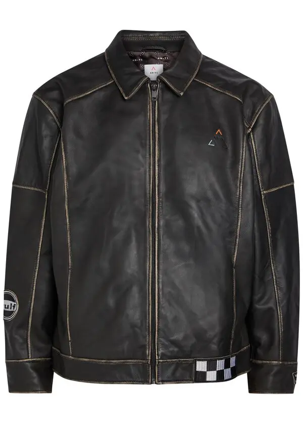AN-Y1 Track Embroidered Leather Biker Jacket