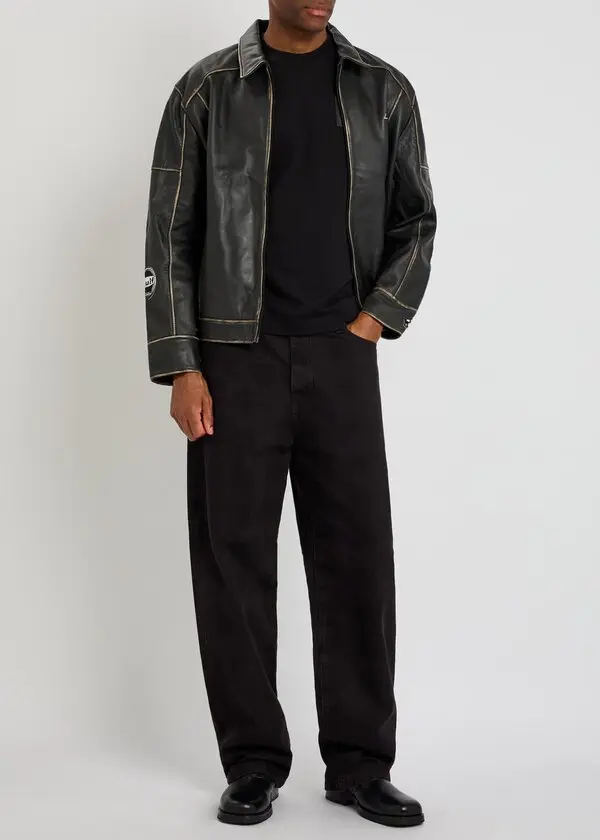 AN-Y1 Track Embroidered Leather Biker Jacket