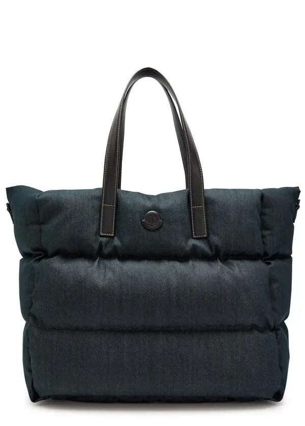 Moncler Logo-appliquéd Padded Leather And Denim Tote - Dark Blue