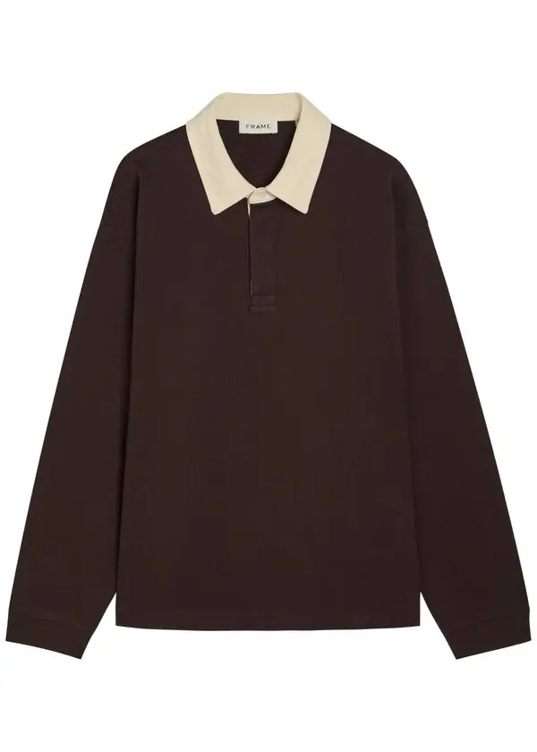 FRAME Contrasting Collar Cotton Polo Rugby Jumper - Brown