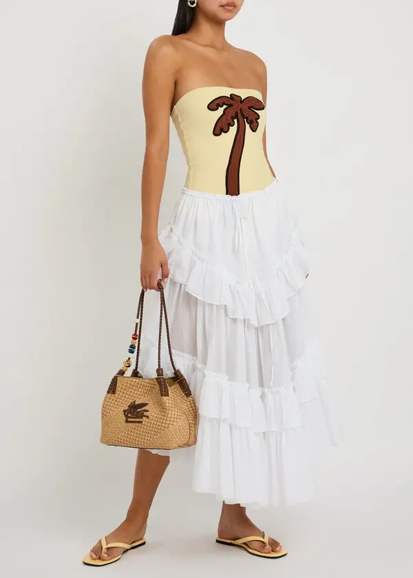 Johanna Ortiz Palm Tree Embroidered Bandeau One-piece Swimsuit