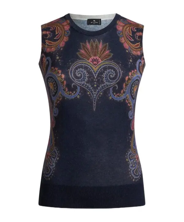 Etro Sleeveless Silk And Cashmere Top With Placed Paisley Print - Black