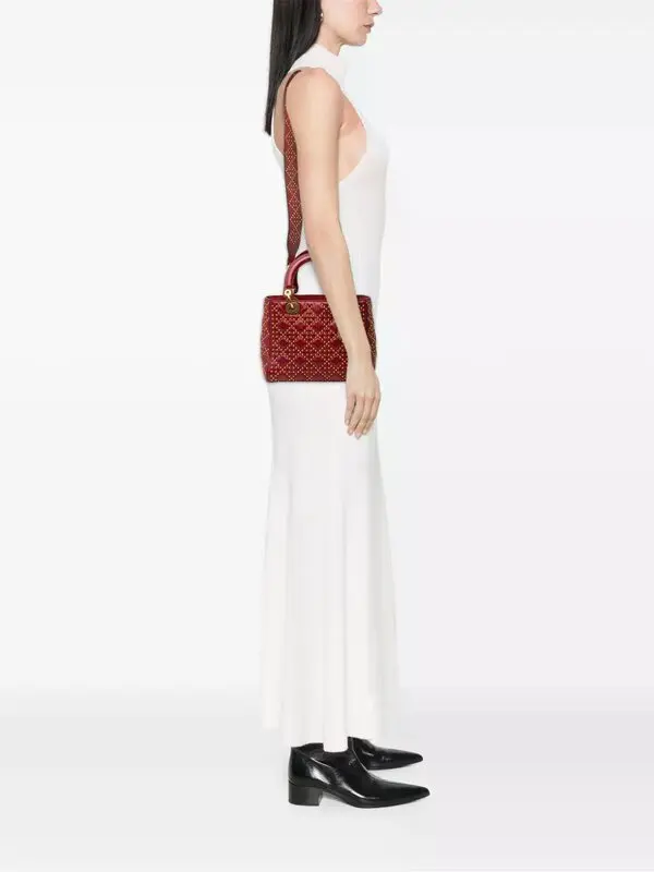 Dior 2017 Medium Lambskin Cannage Studded Supple Lady Satchel - Red