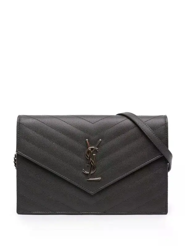 Saint Laurent Grain De Poudre Chevron Cassandre Envelope Chain Wallet Crossbody Bag - Grey