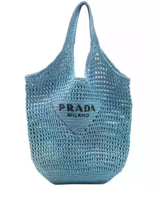 Prada Raffia Effect Crochet Logo Embroidered Shopping Tote Bag