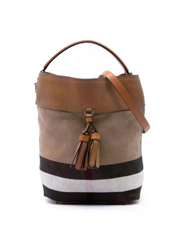 Burberry 2000-2017 Medium Mega Check Canvas And Grained Calfskin Ashby Tassel Bucket Bag Satchel - Brown
