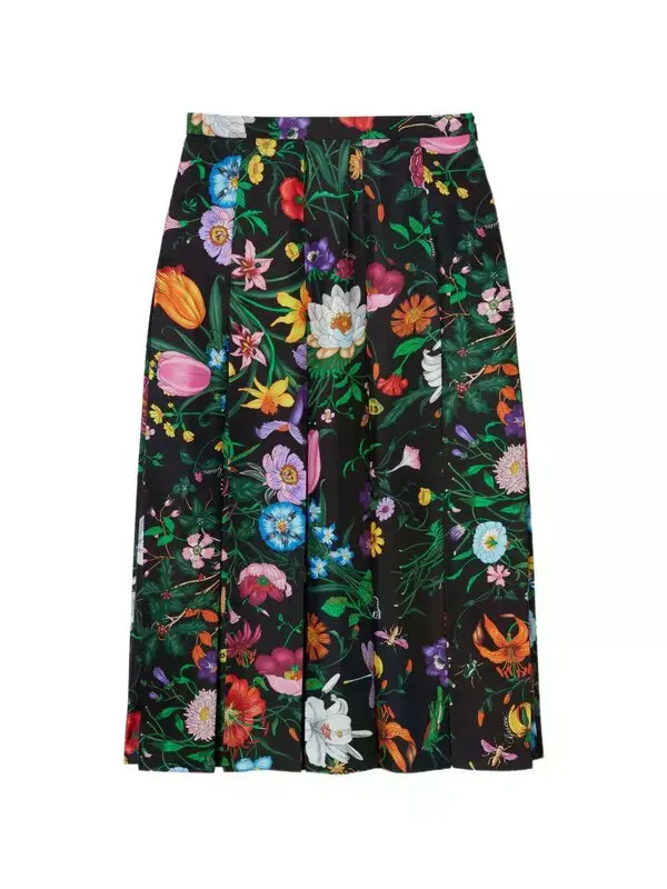Gucci Printed Silk-twill Pleated Midi Skirt - Black