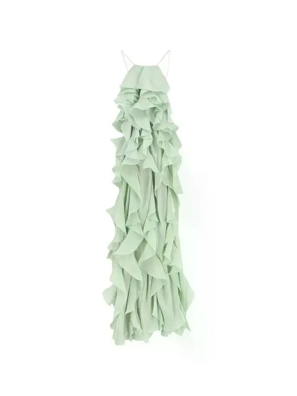 ACTUALEE Sleeveless Halter Neck Maxi Dress With Ruffled Detail