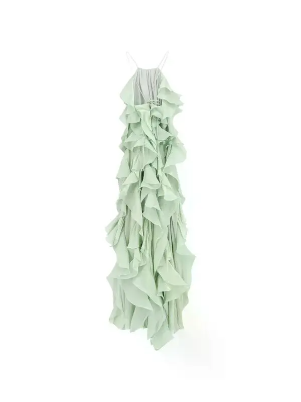 ACTUALEE Sleeveless Halter Neck Maxi Dress With Ruffled Detail