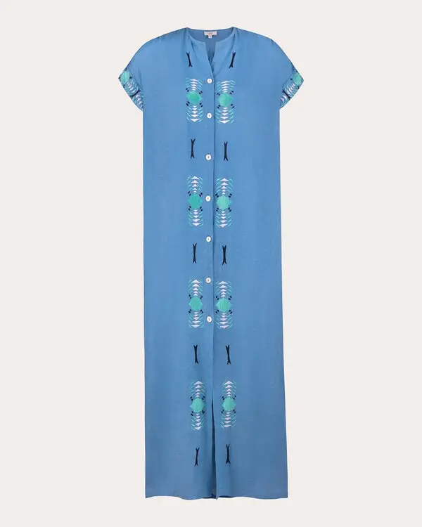 KARMA ON THE ROCKS Yuhin Embroidered Linen Button Maxi Dress - Blue