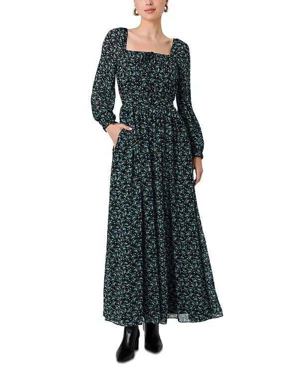 French Connection Marina Silky Chiffon Ditsy Lucia Fleur La Maxi Dress - Black/deep Teal