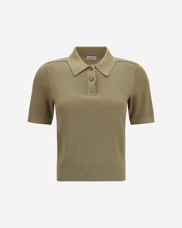 Burberry Knit Polo With Check Trim - Khaki