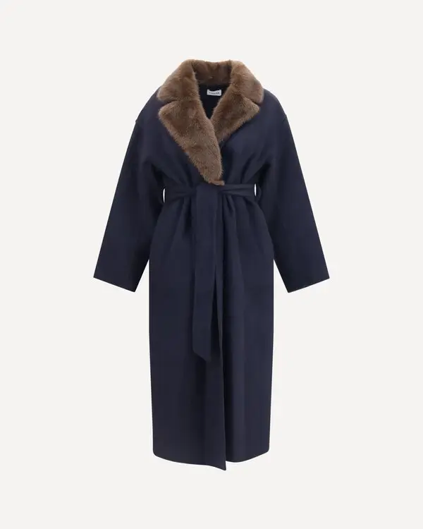 P.a.r.o.s.h P. A.r. O.s. H. Wool Coat With Fur Collar And Belt Feale - Blue