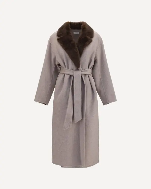 P.a.r.o.s.h Wool Coat With Fur Collar And Belt - Beige