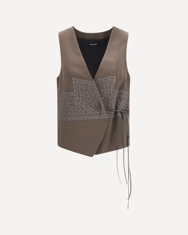 Giorgio Armani Vest In Washed Silk And Virgin Wool With Jacquard Pattern And Ties