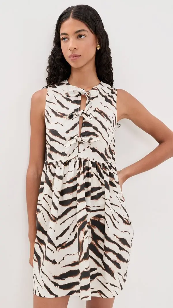 GANNI Washed Stretch Cotton Mini Dress With Bow Tie Detail - Egret