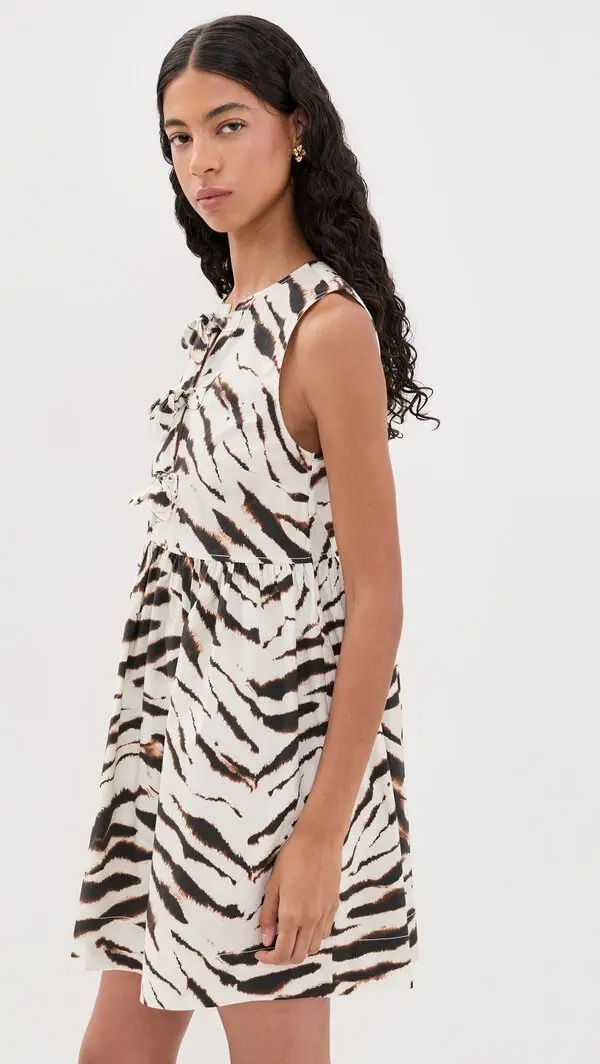 GANNI Washed Stretch Cotton Mini Dress With Bow Tie Detail - Egret