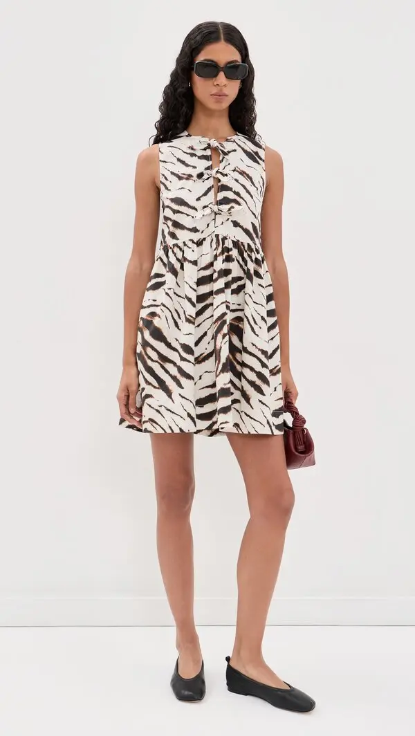 GANNI Washed Stretch Cotton Mini Dress With Bow Tie Detail - Egret