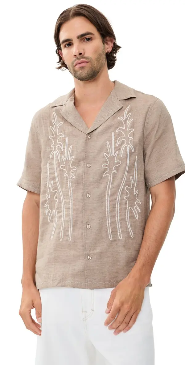 Frescobol Carioca Alves Palm Embroidered Linen Shirt - Light Brown
