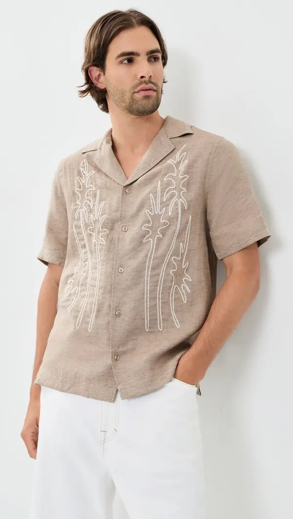 Frescobol Carioca Alves Palm Embroidered Linen Shirt